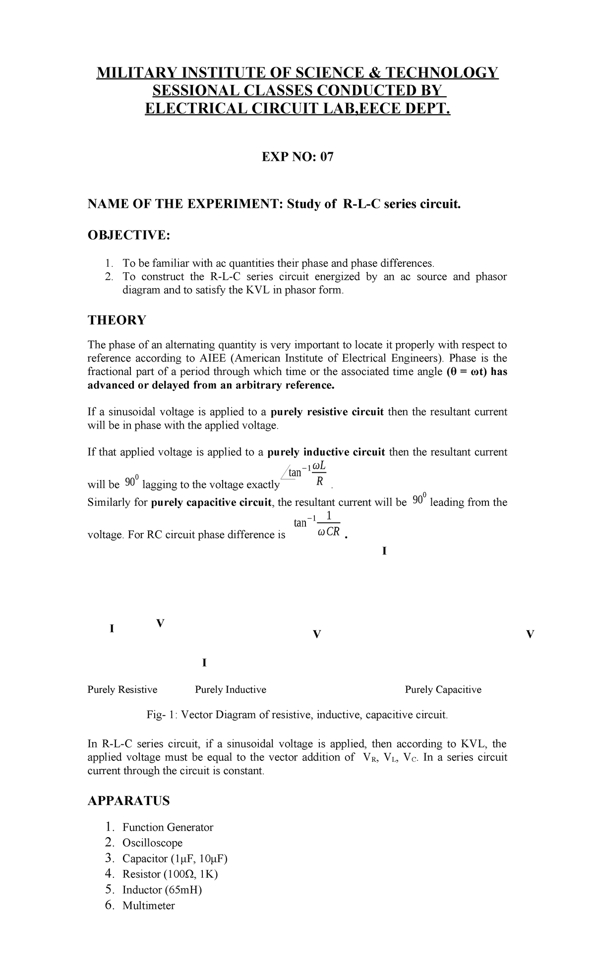 EECE 07: Study of R-L-C Series Circuit in Electrical Lab - Studocu