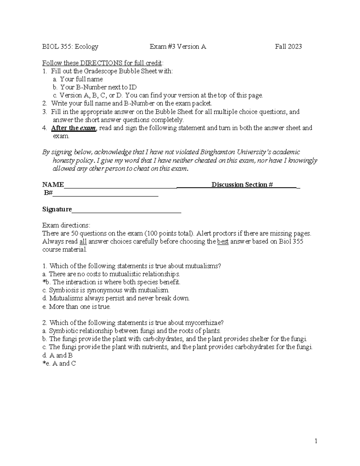 Exam #3A Answer Key - Exam 3 key - BIOL 355: Ecology Exam # 3 Version A Fall 2023 Follow these ...