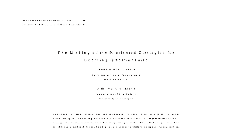 EDUCATIONAL PSYCHOLOGY: The MSLQ and Its Impact on Learning Strategies ...