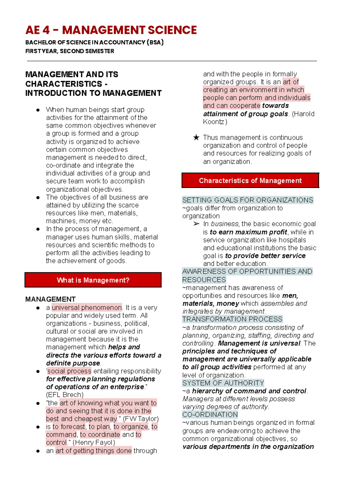 Management Science - Module 1: Characteristics and Functions - Studocu