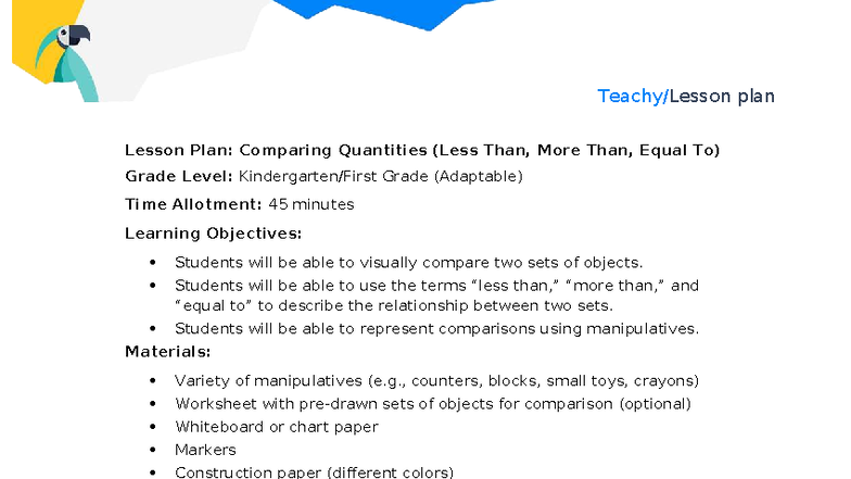 KIND101: Lesson Plan for Comparing Quantities in K/1 Class - Studocu