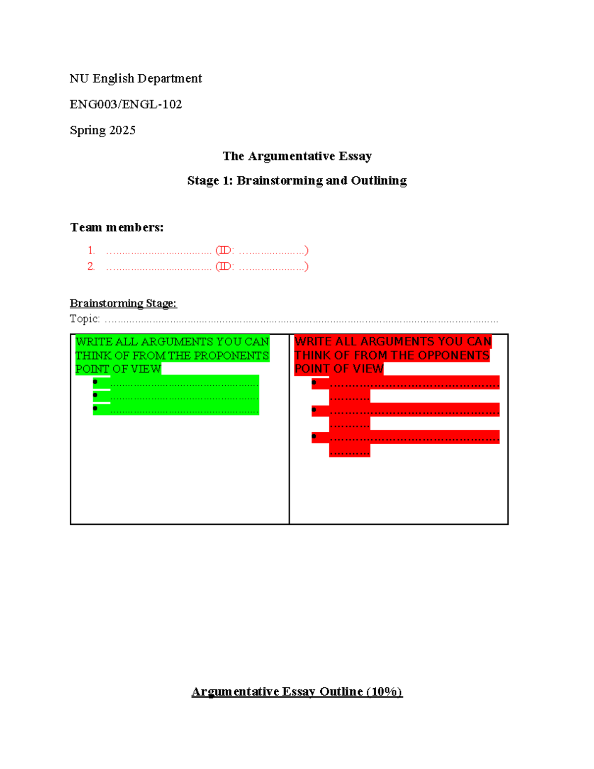 NU English 2025 Argumentative Essay Stage 1: Brainstorming & Outlining ...