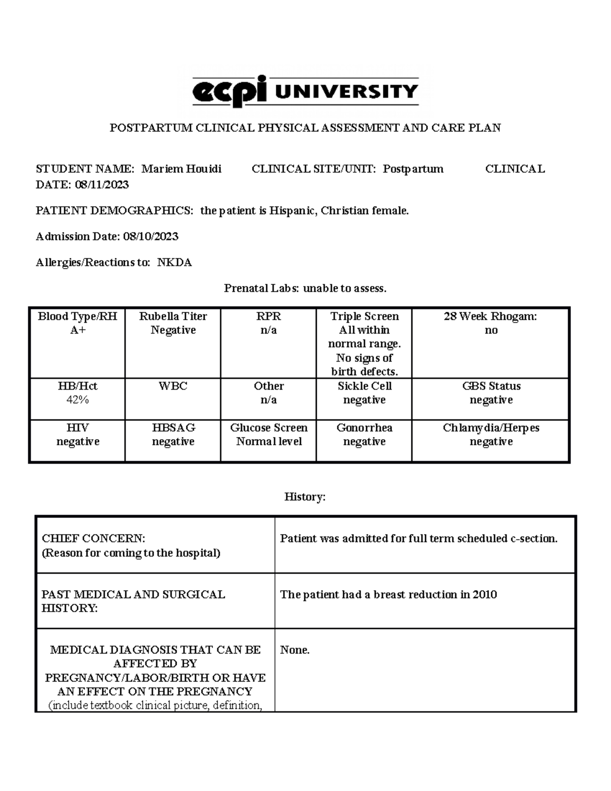Postpartum Careplan 1 - POSTPARTUM CLINICAL PHYSICAL ASSESSMENT AND ...