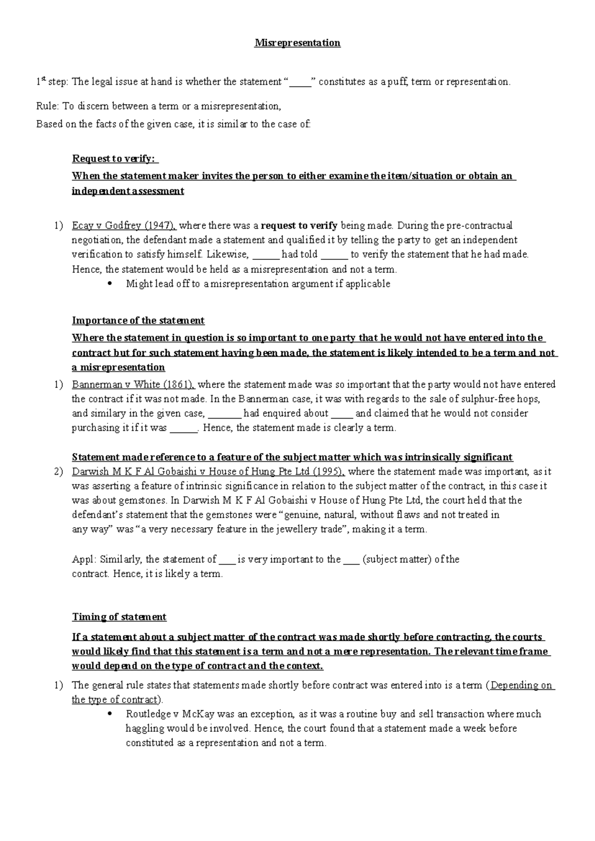 Misrep Answering Template - Misrepresentation 1 st step: The legal ...
