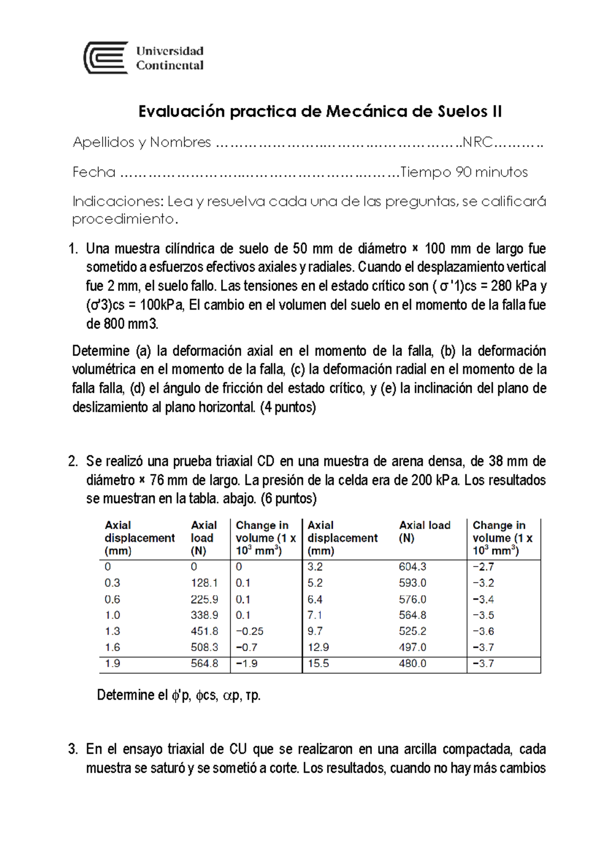 Evaluación Práctica de Mecánica de Suelos II - Ejercicios y Resultados - Studocu