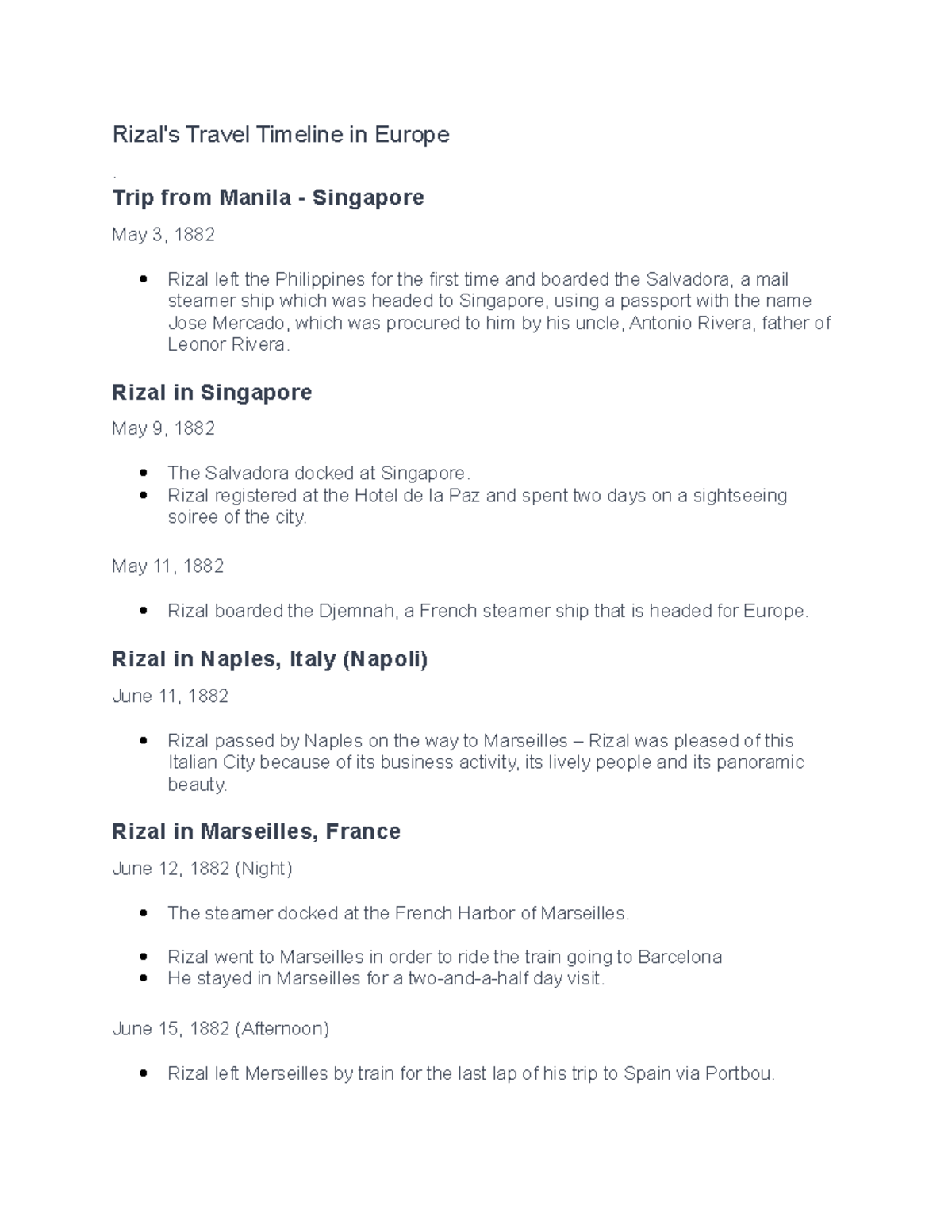 Rizal's European Travels Timeline: 1882-1887 Journey Details - Studocu