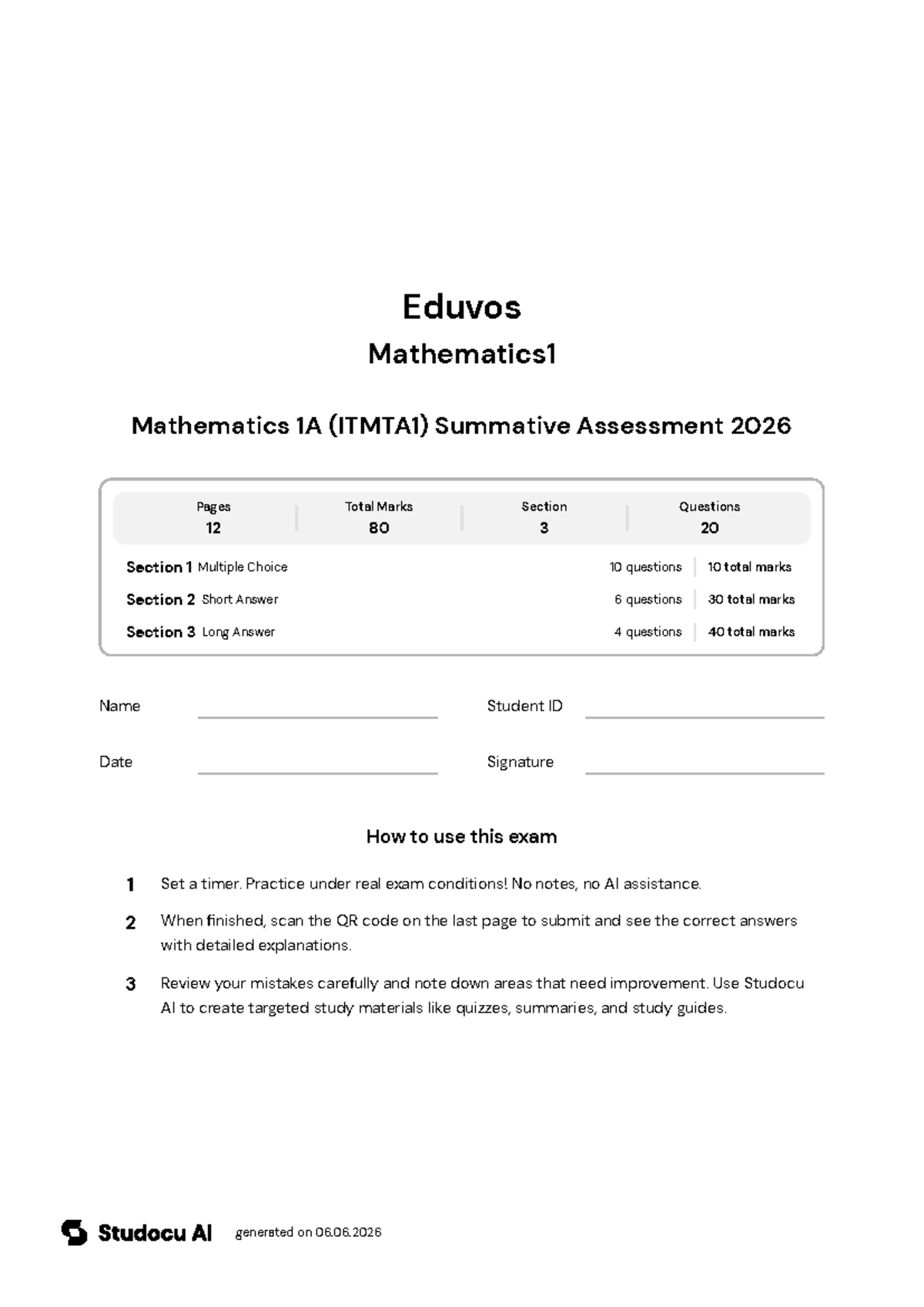 Mathematics 1A (ITMTA1) Summative Assessment 2026 - Studocu