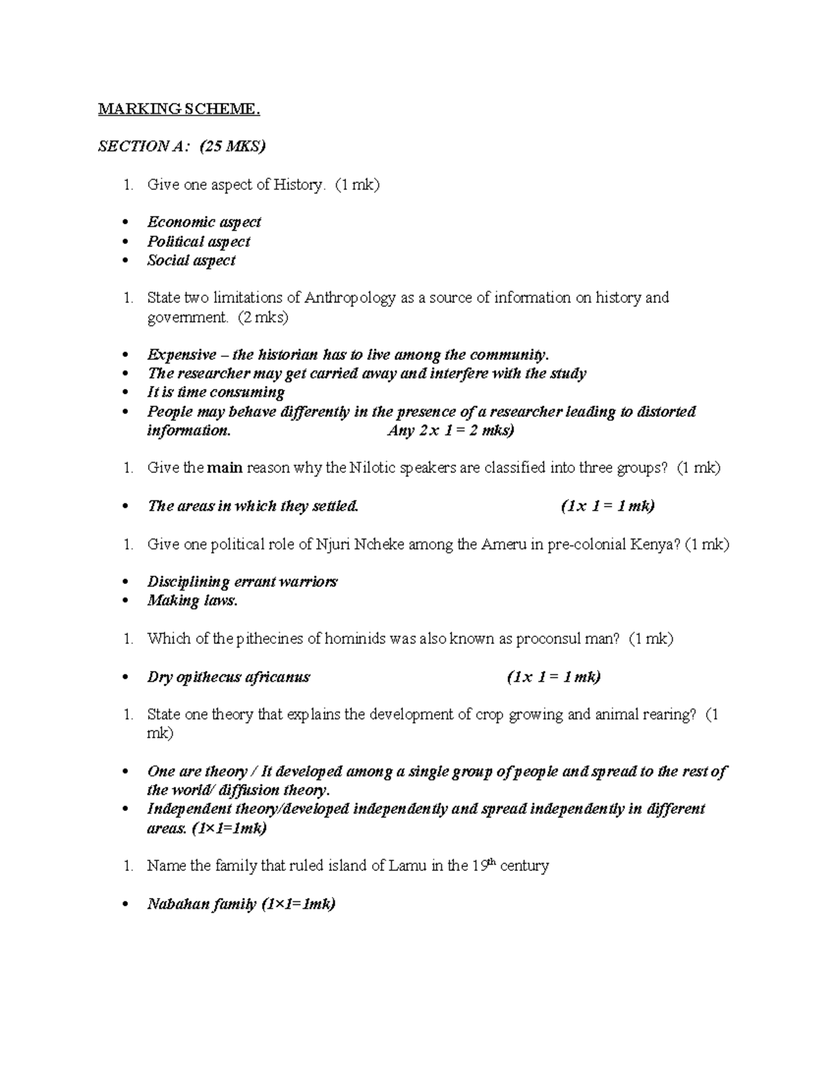 Marking Scheme for History and Government Exam (HIST 101) - Studocu