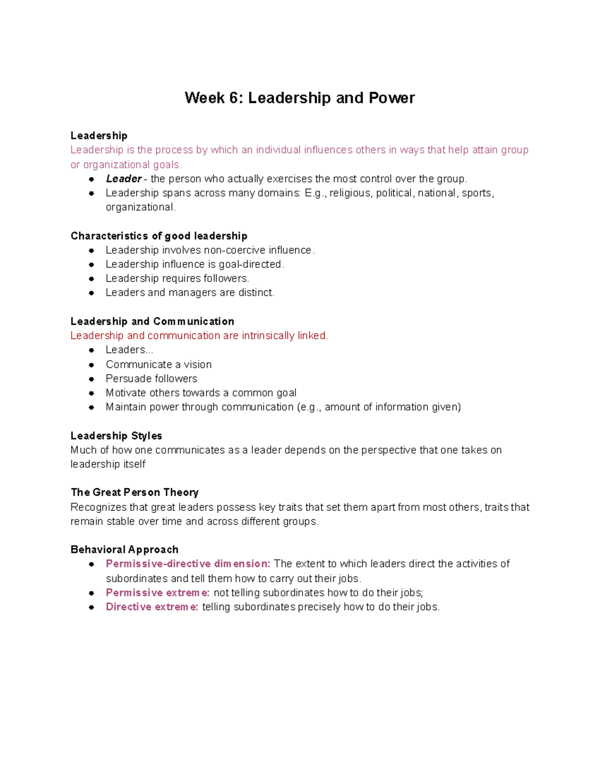 Week 6: Leadership and Power - Key Concepts and Styles - Studocu