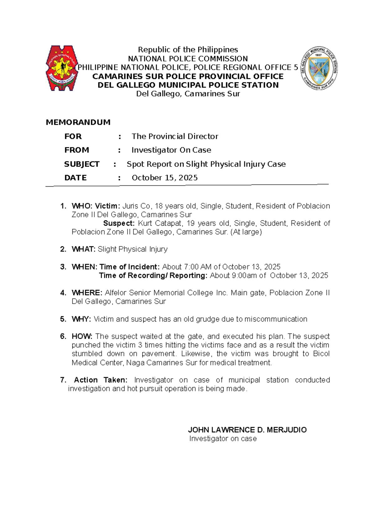 Spot Report on Slight Physical Injury Case - Del Gallego, Camarines Sur ...