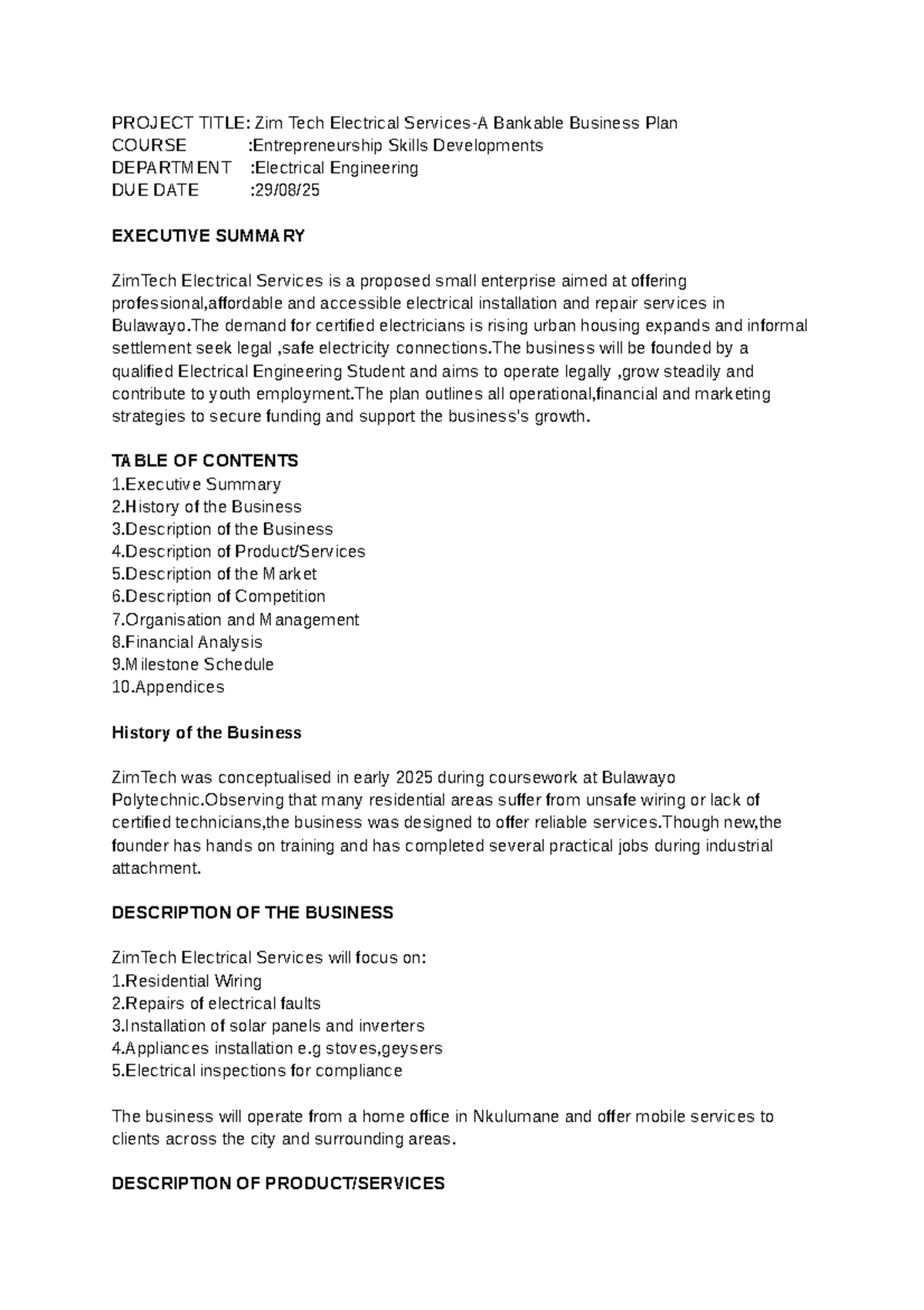 Zim Tech Electrical Business Plan - Entrepreneurship Skills Development ...