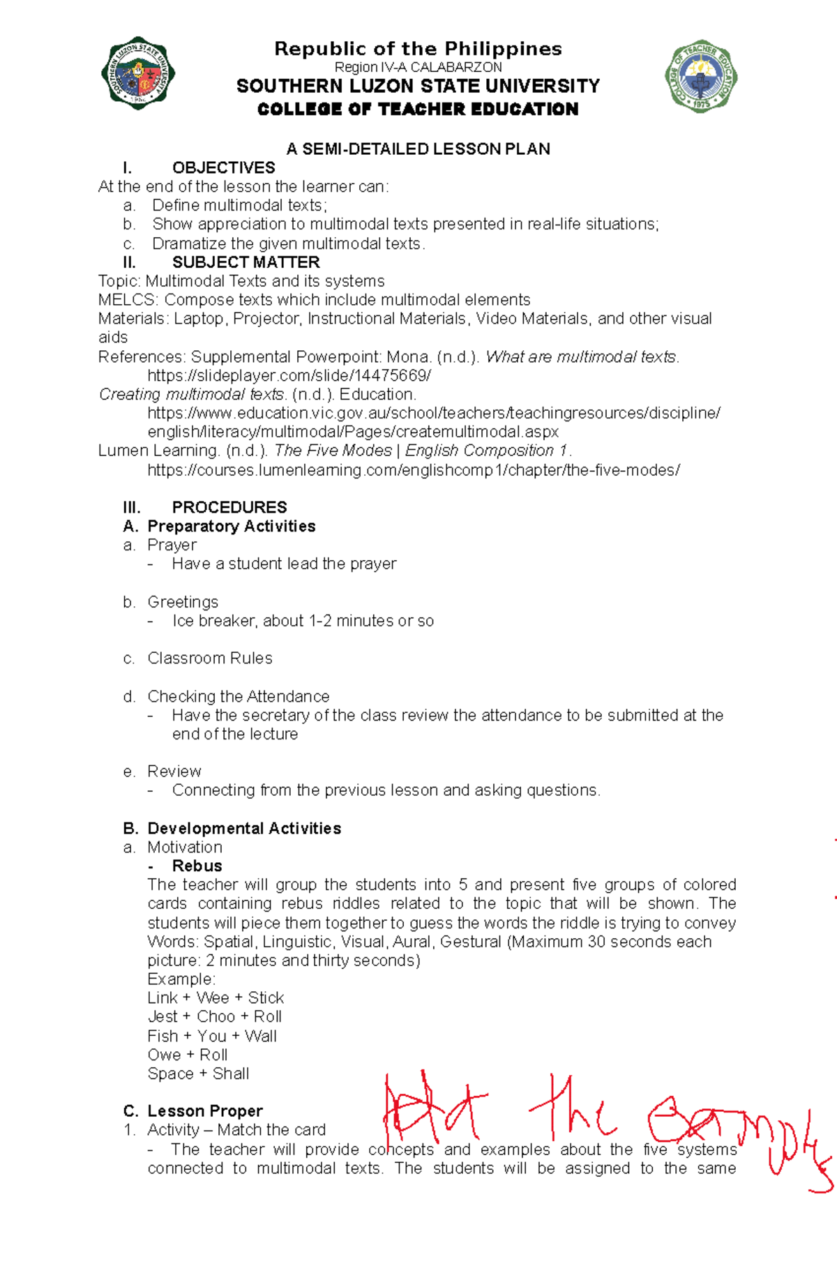 Semi-Detailed Lesson Plan on Multimodal Texts (EDU 101) - Studocu