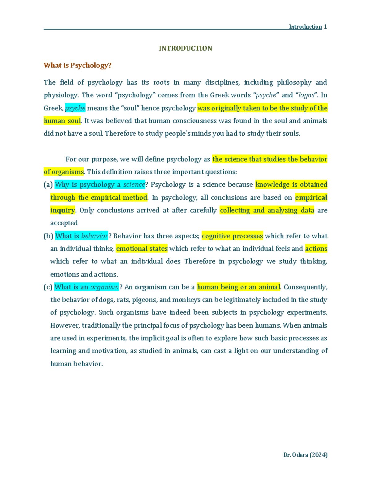 Introduction to Psychology (240912 213839) - Key Concepts and ...