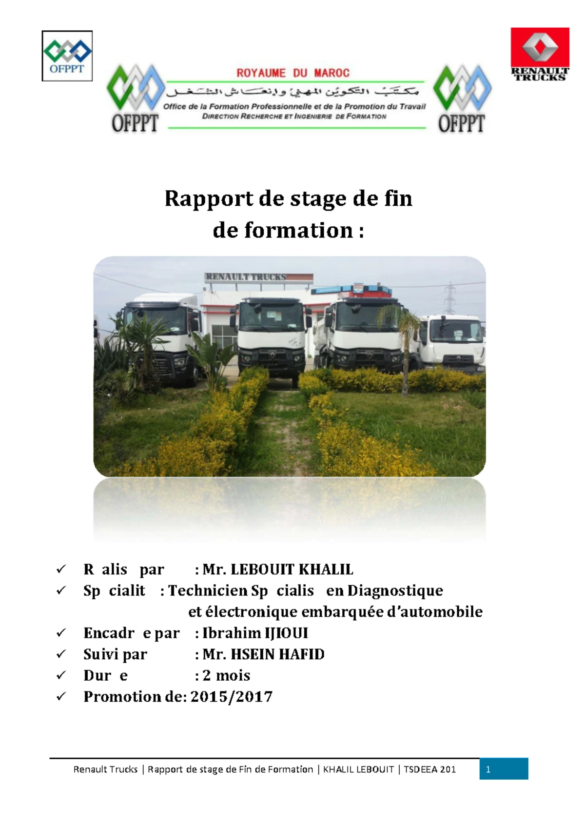Rapport de Stage OFPPT par Mlle Fatime Zahra El Kouach - Année Scolaire ...