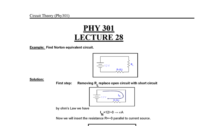 Circuit Theory (Phy301) Lecture 28: Norton Equivalent Circuit Examples - Studocu