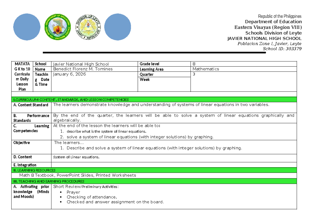 Mathematics 8 Daily Lesson Plan: Graphing Linear Equations - Studocu