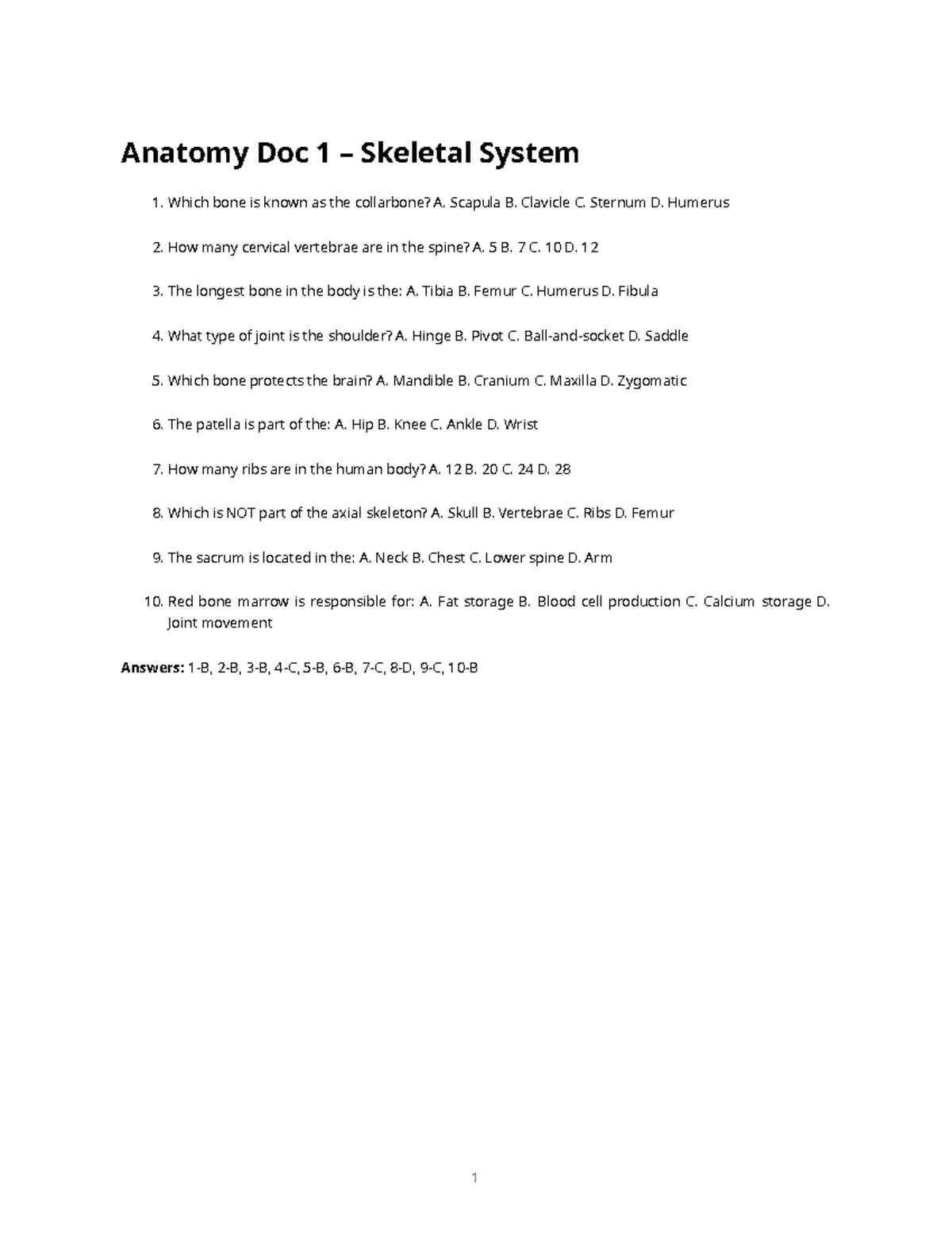Anatomy 101: Skeletal System Quiz Answers - Studocu