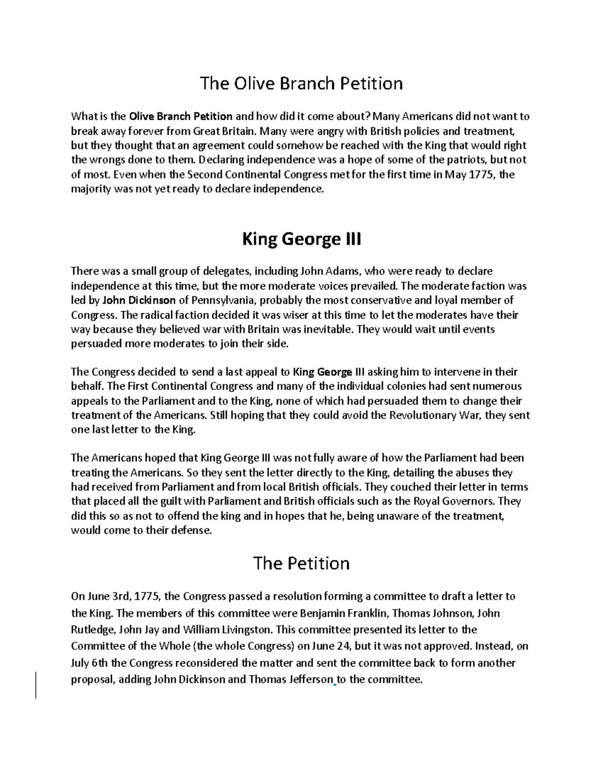 The Olive Branch Petition: Background, Drafting & Impact Analysis - Studocu