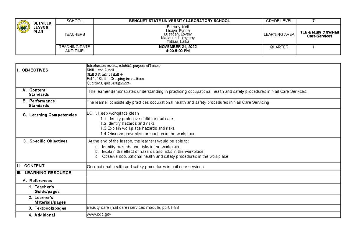 Revised DLP for Nail Care Services (Grade 7) - Benguet State University ...
