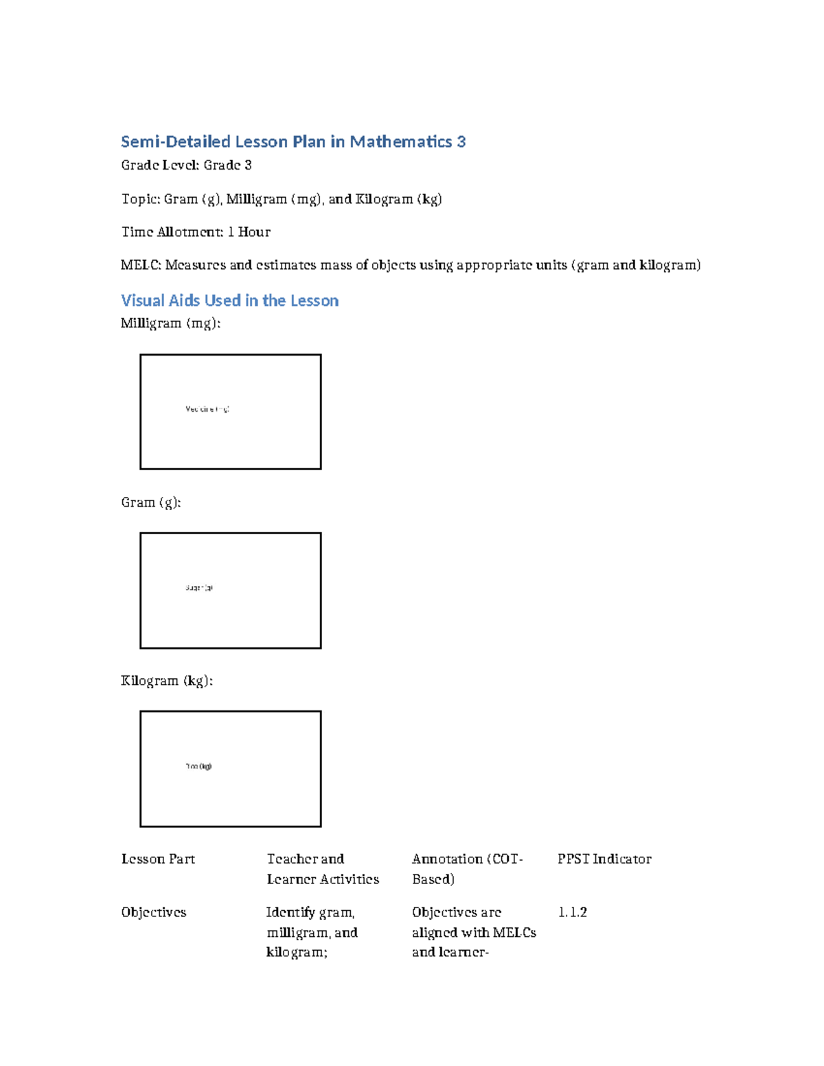 Grade 3 Math Lesson Plan: Understanding Mass Units (g, mg, kg) - Studocu