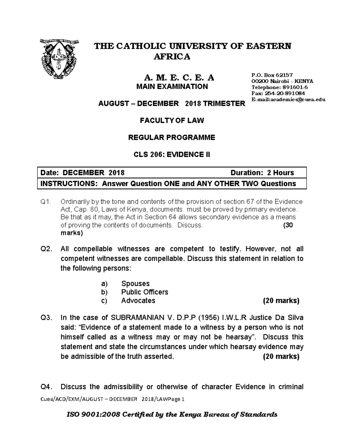 Cls 206 Iii Law Cuea Acd Exm August December 2018 Lawpage 1 Iso 9001 2008 Certified By The