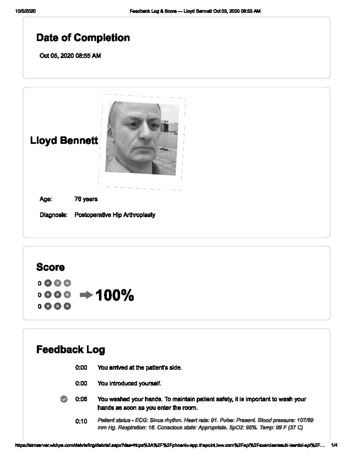 Lloyd Bennett V. Sim. Feedback Log for Patient Care Evaluation - Studocu