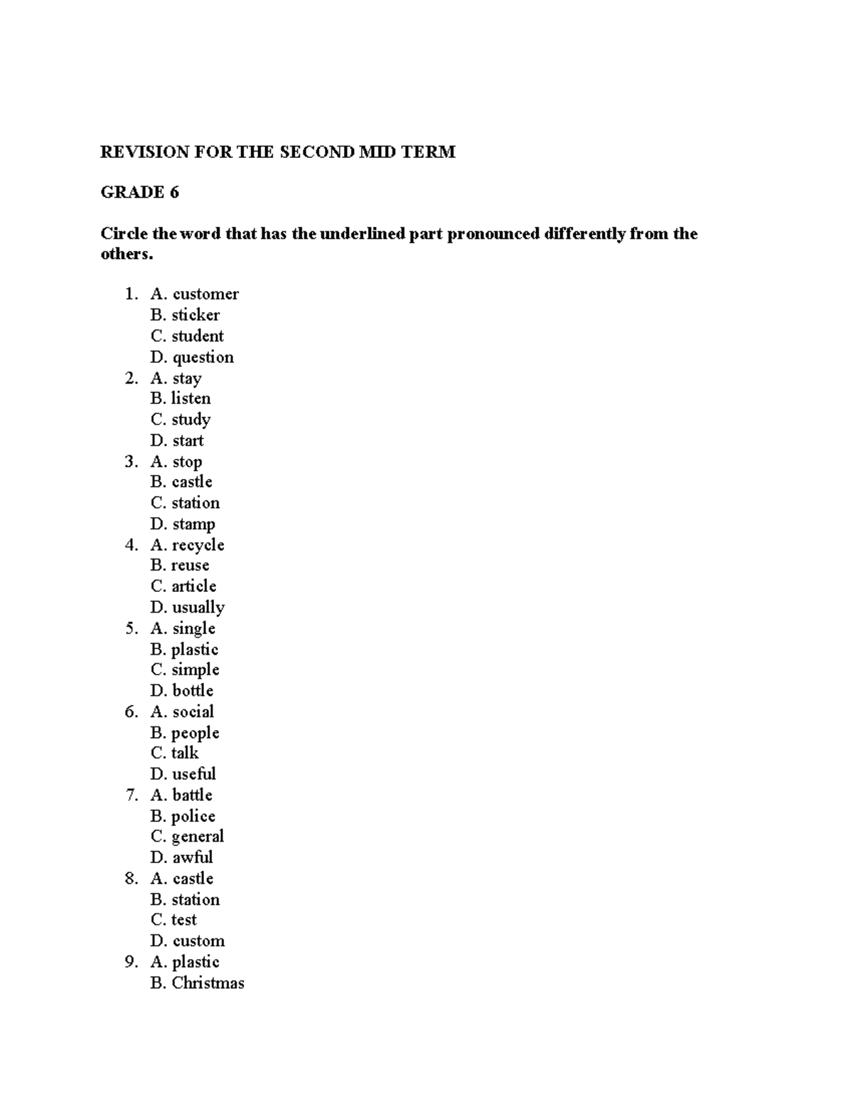 REVISION FOR GRADE 6 MIDTERM: PRONUNCIATION & STRESS EXERCISES - Studocu