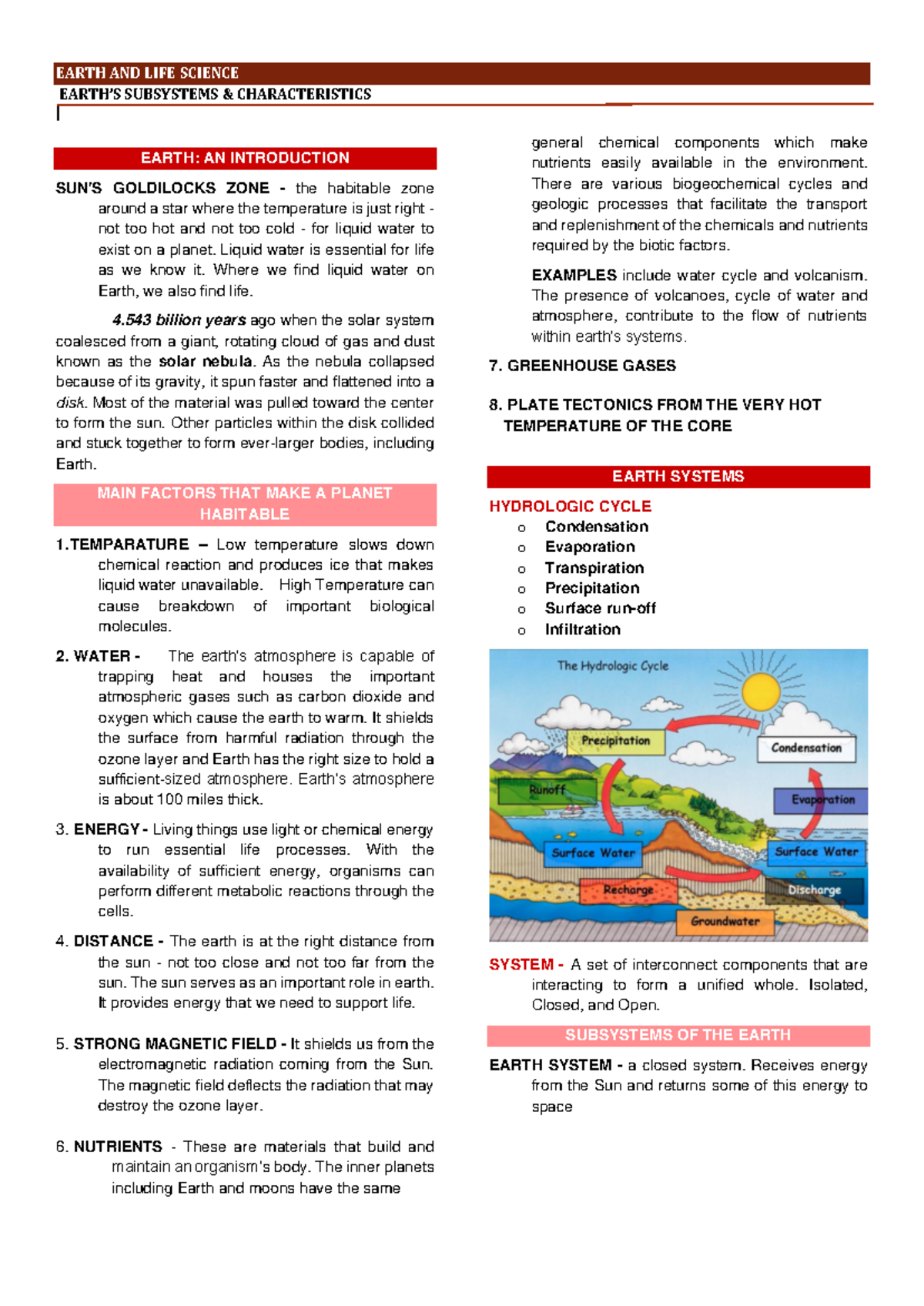 EL-SCI- Trans - notes - EARTH AND LIFE SCIENCE EARTH’S SUBSYSTEMS ...