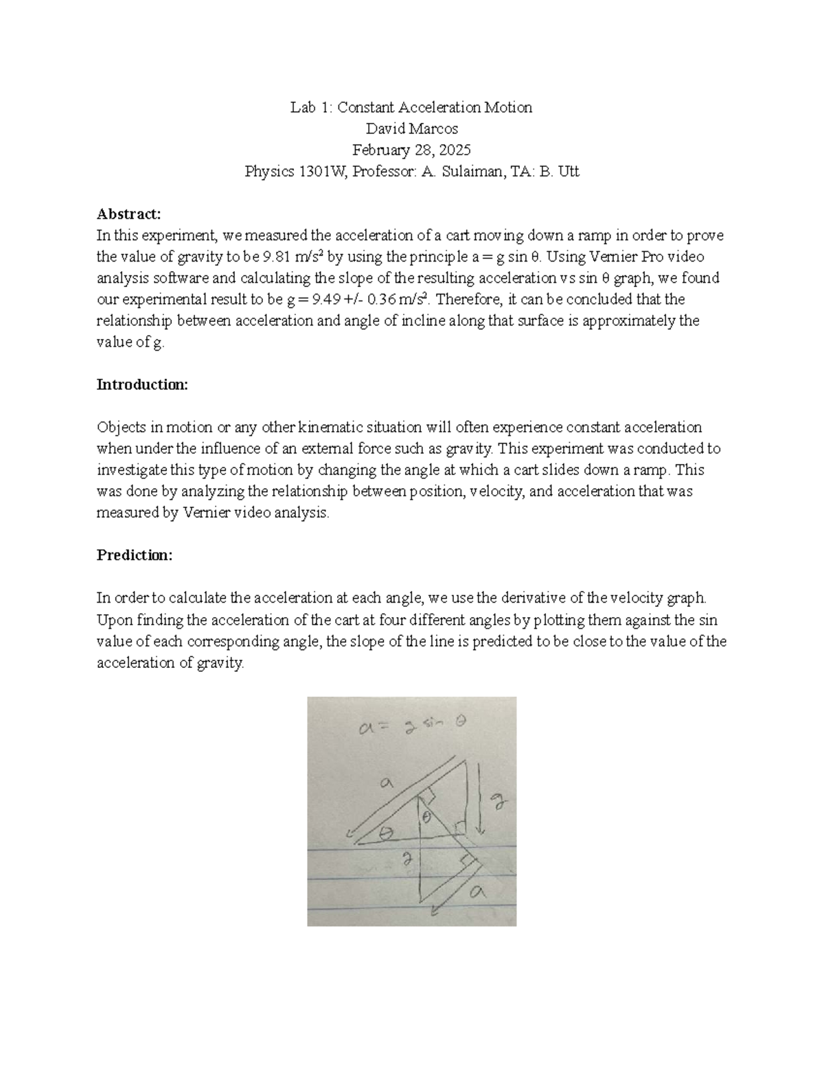 Physics 1301W Lab 1: Constant Acceleration Motion Analysis Report - Studocu