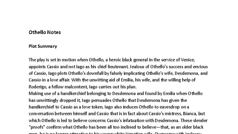 Othello (ENG 201) Plot Summary and Character Analysis Notes - Studocu