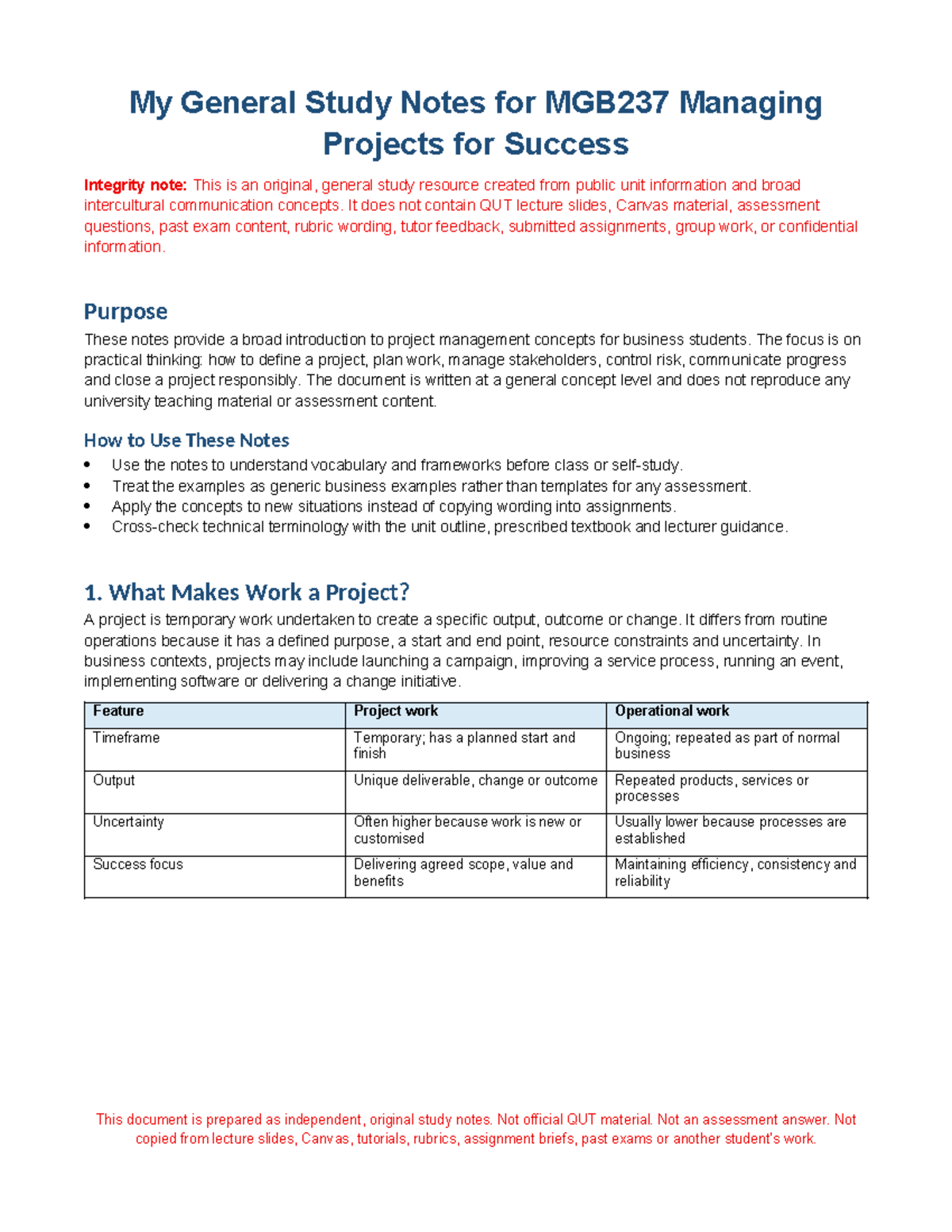 MGB237 General Study Notes: Managing Projects for Success - Studocu