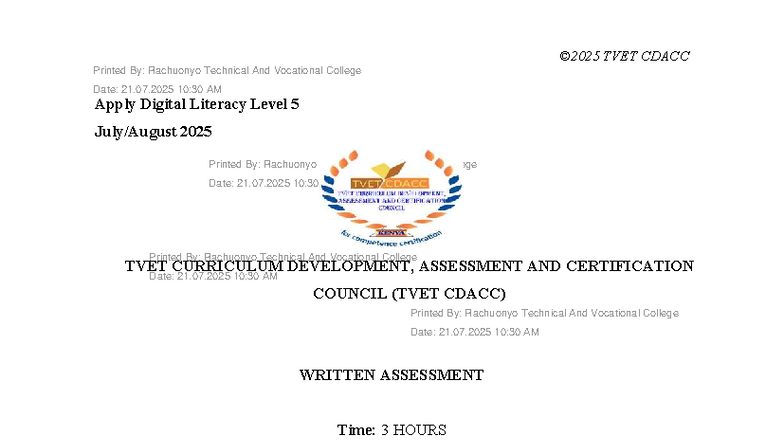 TVET CDACC Digital Literacy Level 5 Written Assessment 2025 - Studocu