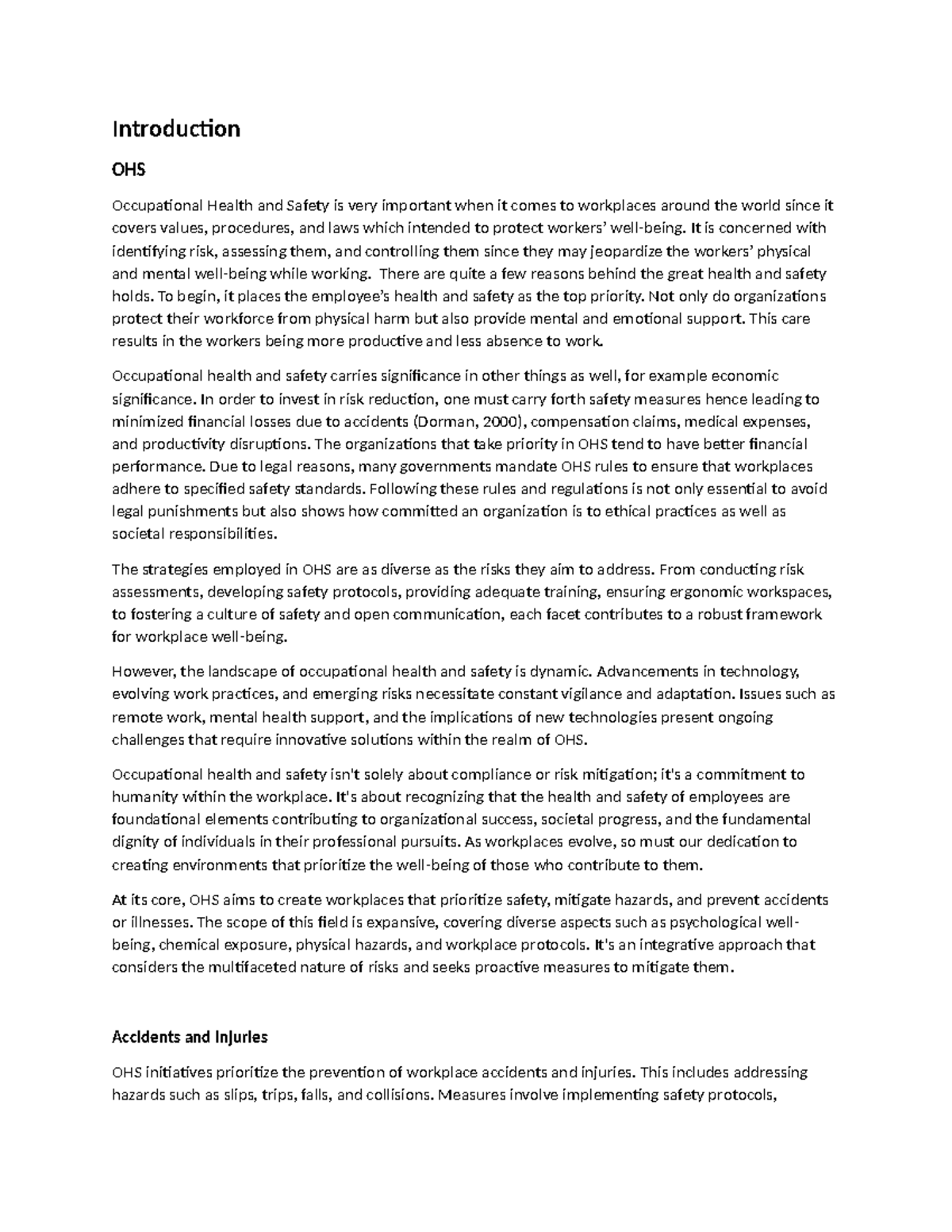 OHS 101: Introduction to Occupational Health and Safety Report - Studocu