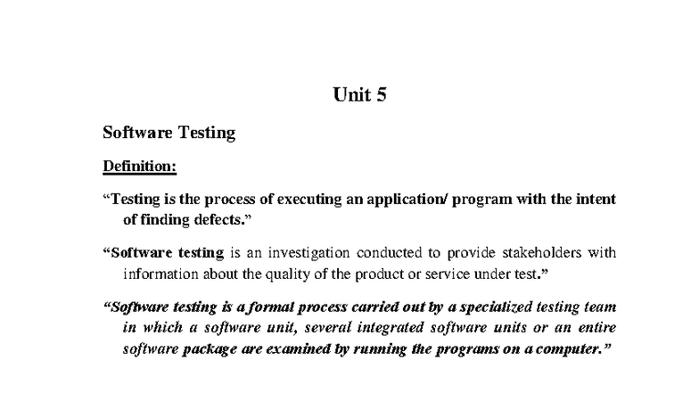 Software Testing Overview: Unit 5 Insights and Definitions - Studocu