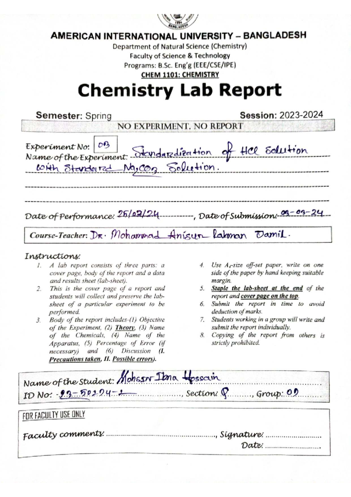 CHEM 1101: Chemistry Lab Report 3 - Standardization of HCl with Na₂CO₃ ...