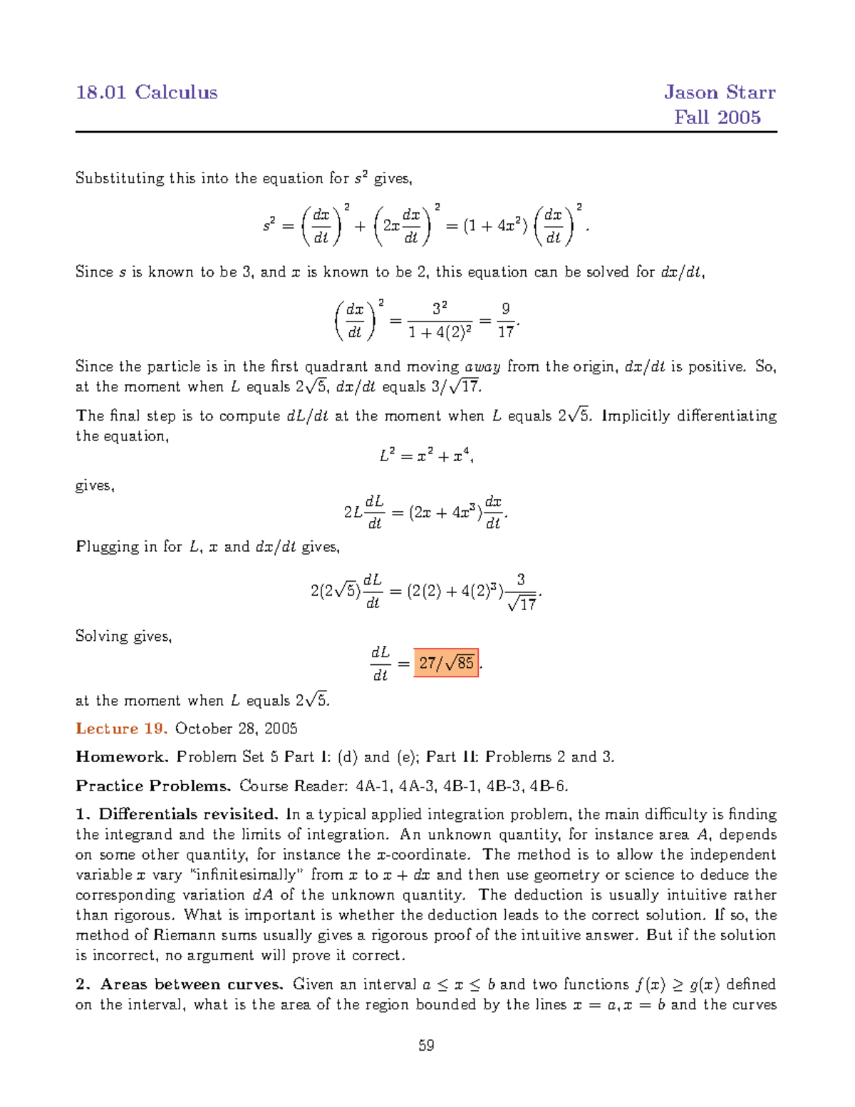 18.01 Calculus Lecture Notes: Substitution & Differentiation Techniques ...