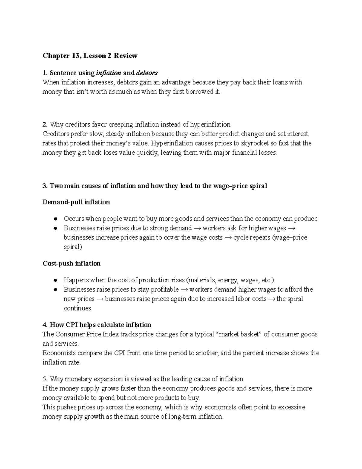 Chapter 13, Lesson 2: Inflation Causes and Effects Review - Studocu