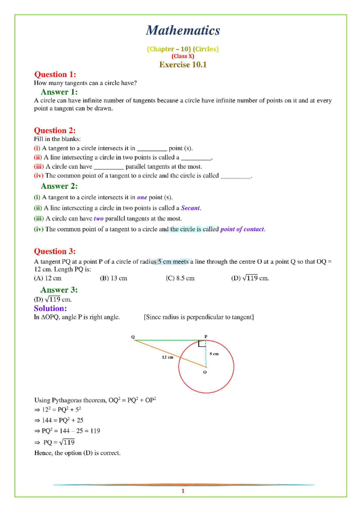NCERT Solutions for Chapter 10: Circle Tangents and Properties - Studocu
