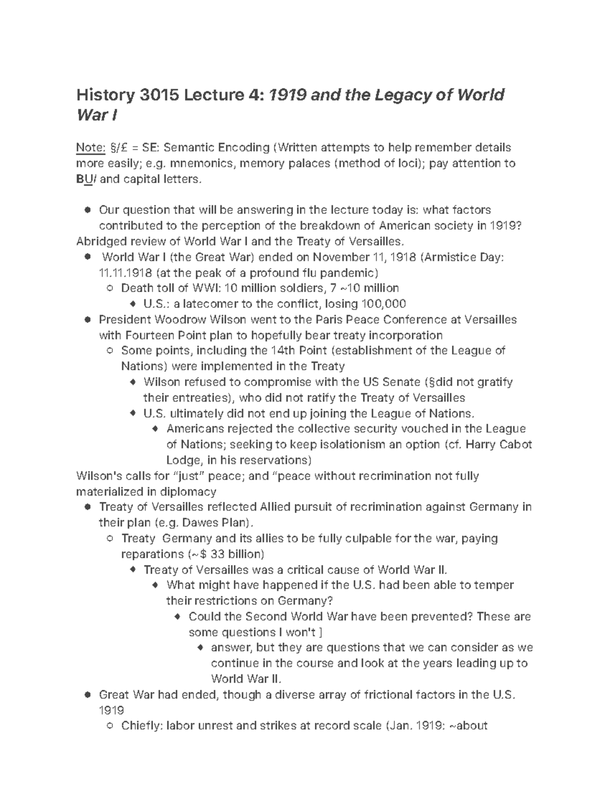 History 3015 Lecture 4: 1919 and the Legacy of World War I - - Studocu