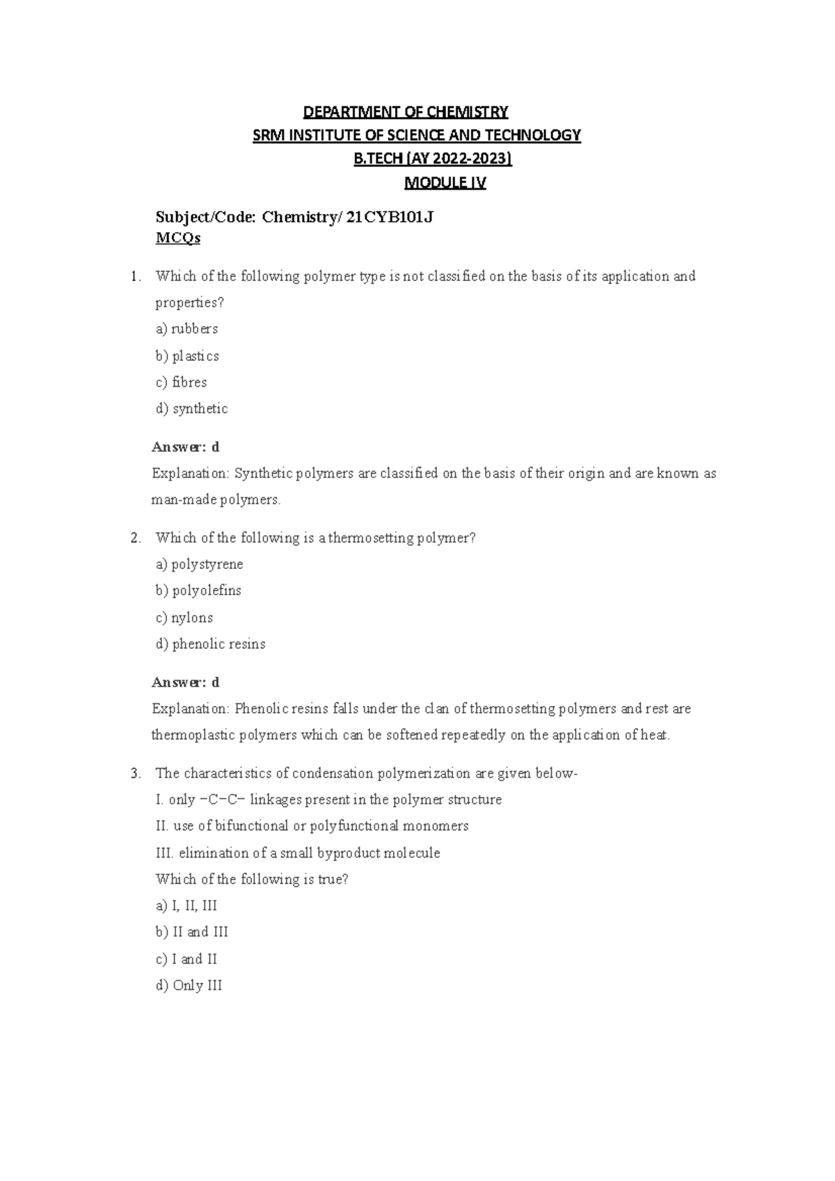 Previous YEAR Question Papers - SRM INSTITUTE or SCIENCE TRCHNOLOGY ...