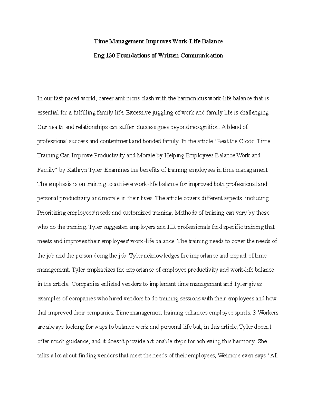 Eng 130 Essay: Time Management for Work-Life Balance - Studocu