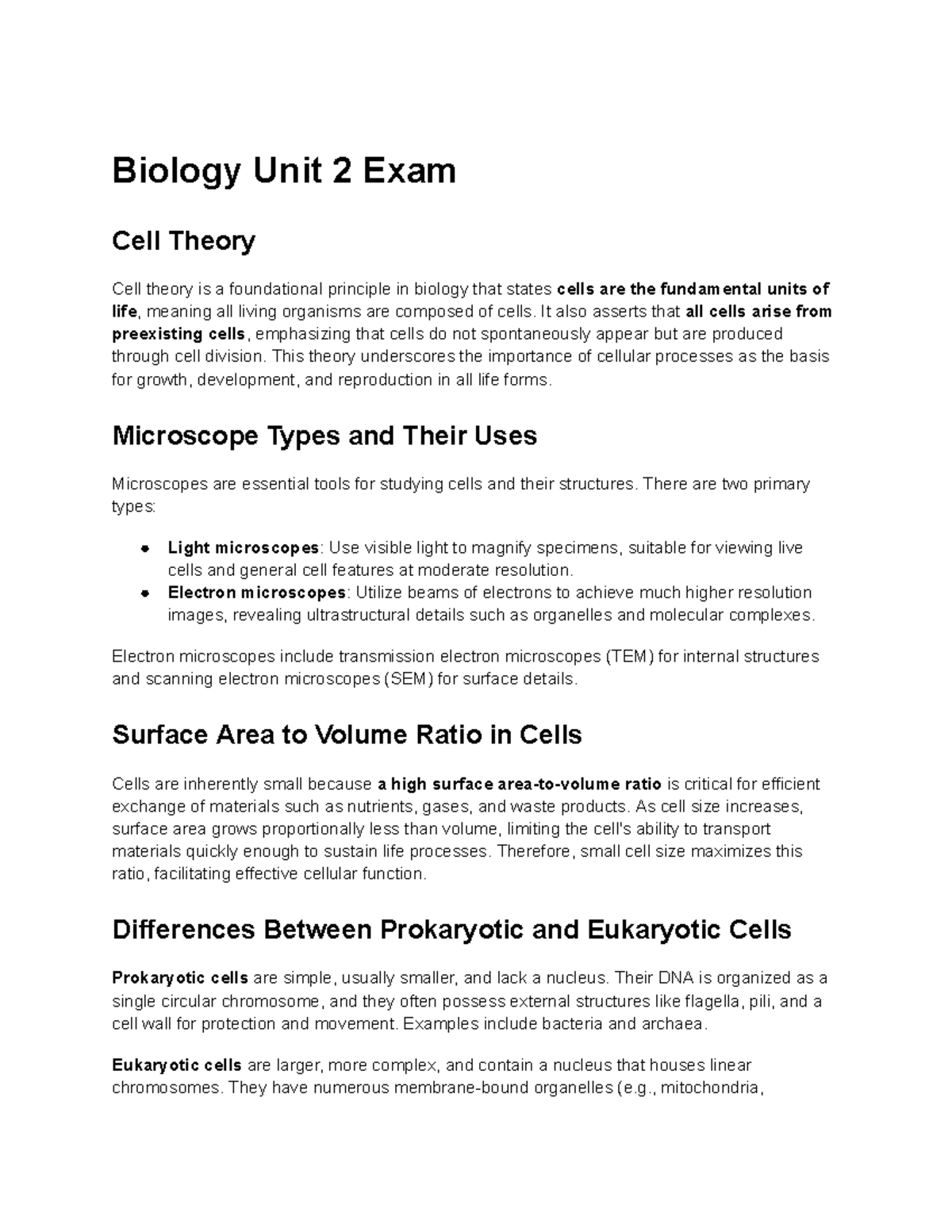 Biology Unit 2 Exam: Cell Theory, Structure, and Functions - Studocu