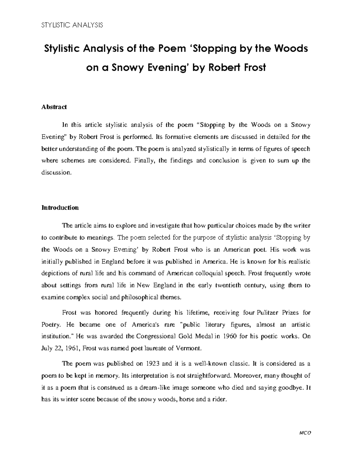 Stylistic Analysis of Robert Frost's Poem: 'Stopping by the Woods' - Studocu