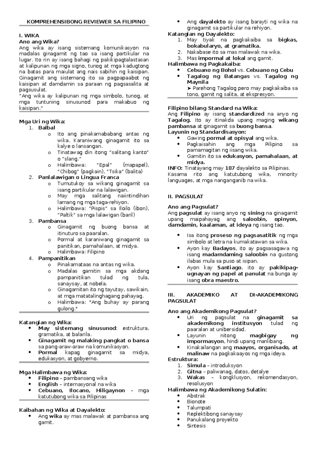Komprehensibong Reviewer sa Filipino I: Wika at Pagsulat - Studocu