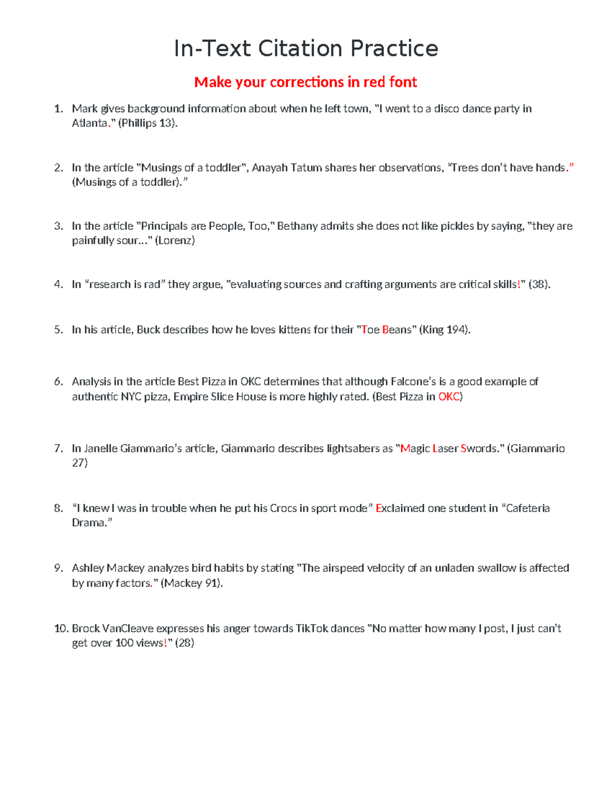 Copy of MLA In Text Citation Worksheet - In-Text Citation Practice Make ...