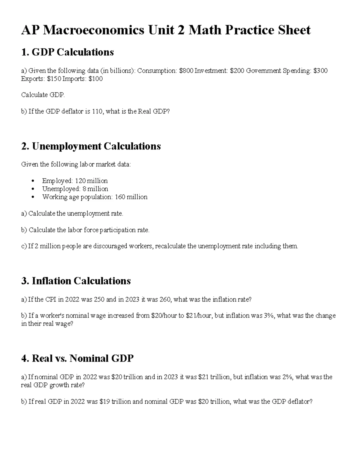 AP Macroeconomics Practice Worksheet - Math & Graph Analysis - Studocu