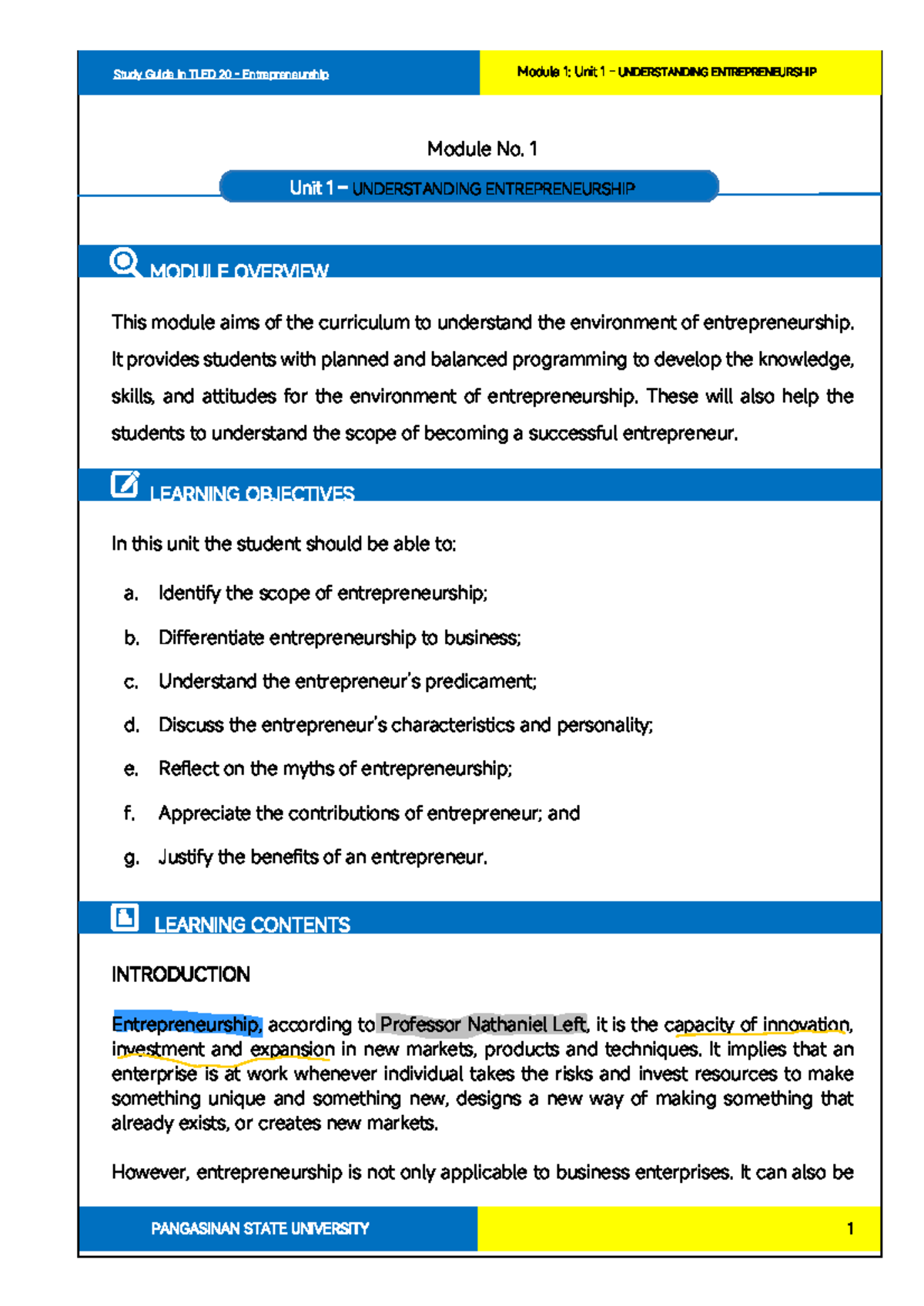 TLED 20 Study Guide: Understanding Entrepreneurship - Module 1, Unit 1 ...
