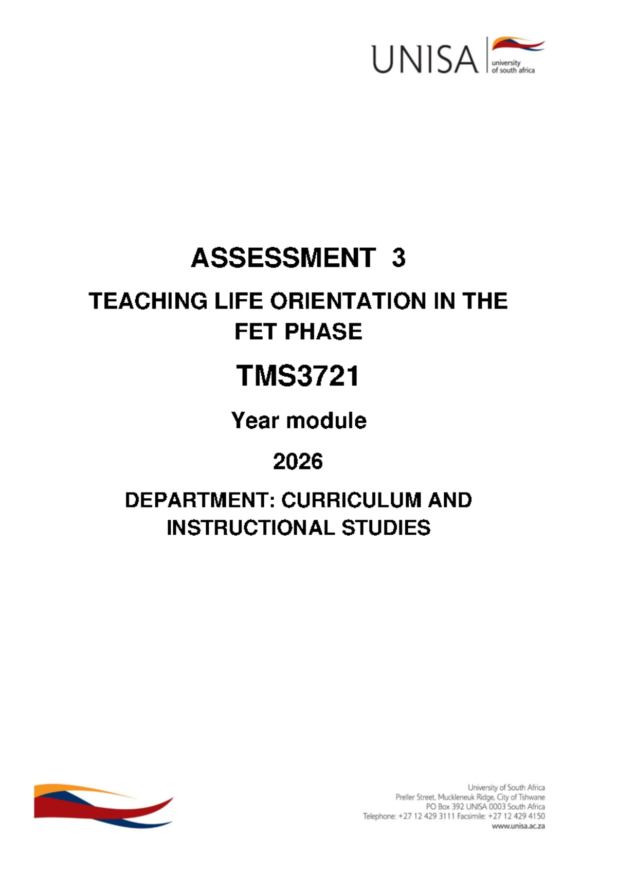 TMS3721 Assessment 3: Teaching Life Orientation in FET Phase 2026 - Studocu