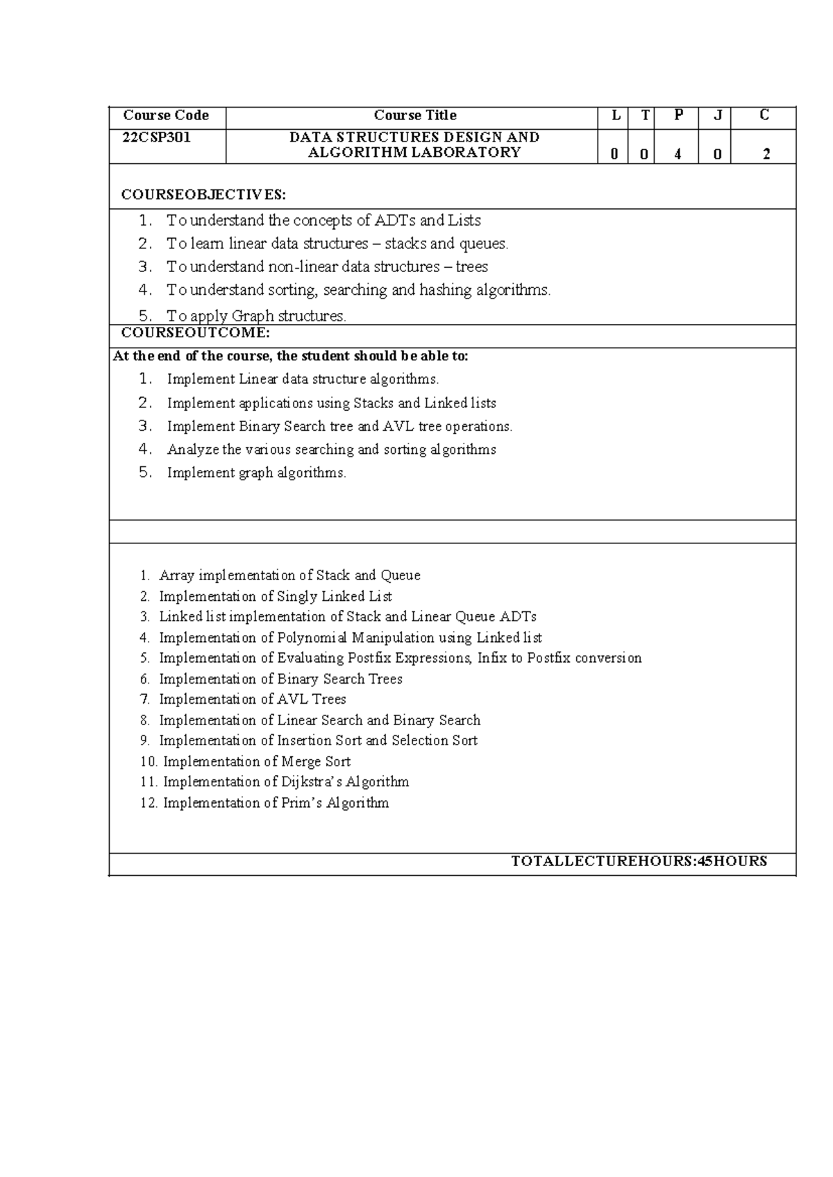 22CSP301 - Data Structures & Algorithms Lab Overview - Studocu