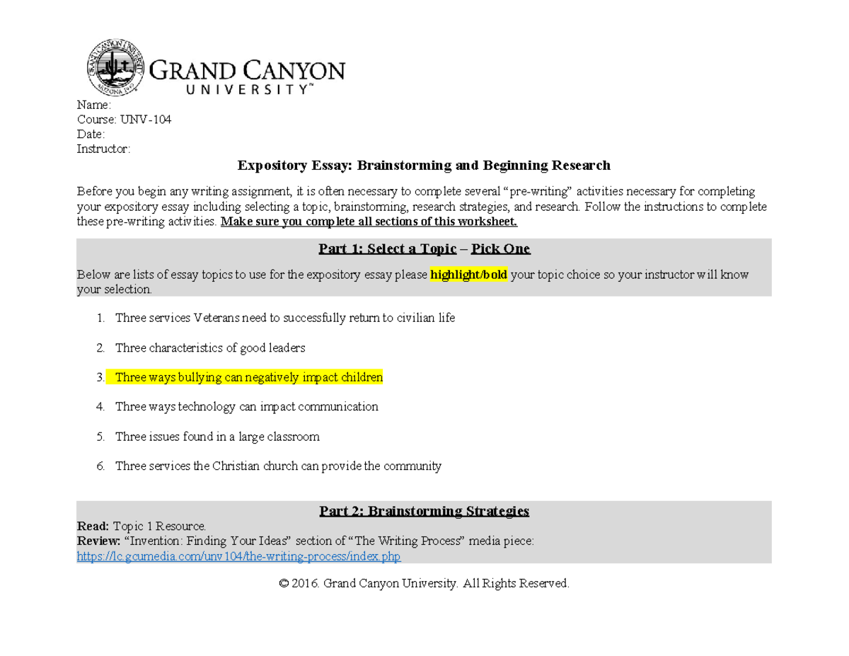 UNV 104 Expository Essay Brainstorming Worksheet Instructions - Studocu